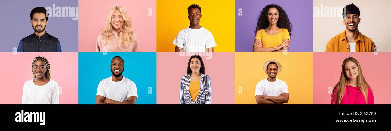 Happy Millennial People Of Different Race Posing Over Colorful ...
