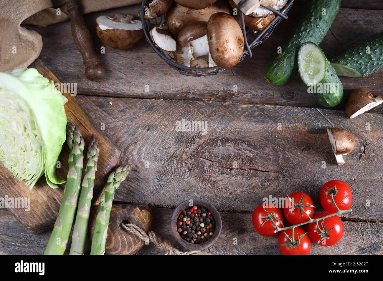 organic rustic vegetables harvest - asparagus, tomatoes, greens Stock ...