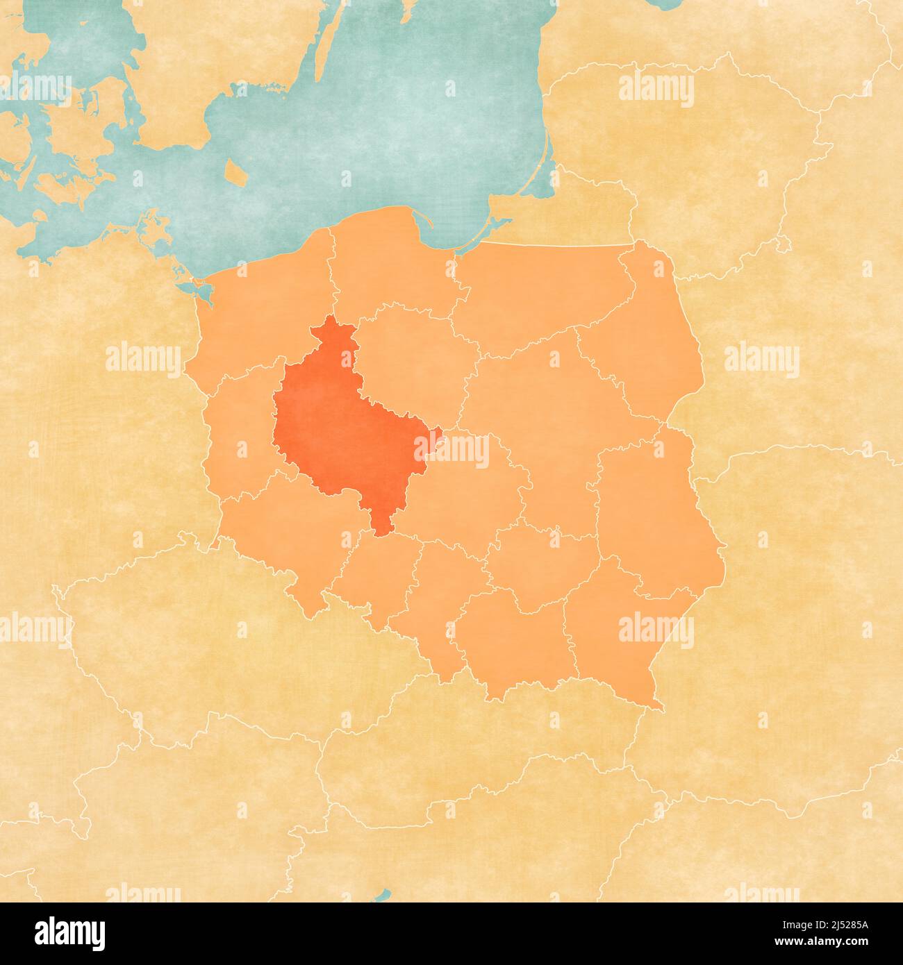 Greater Poland on the map of Poland in soft grunge and vintage style ...