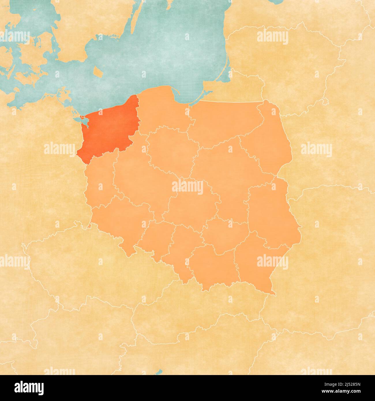West Pomerania on the map of Poland in soft grunge and vintage style ...