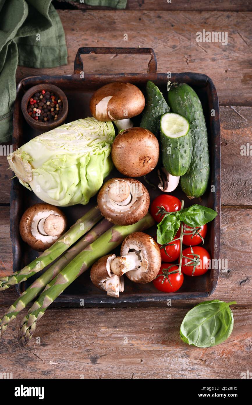 organic rustic vegetables harvest - asparagus, tomatoes, greens Stock ...