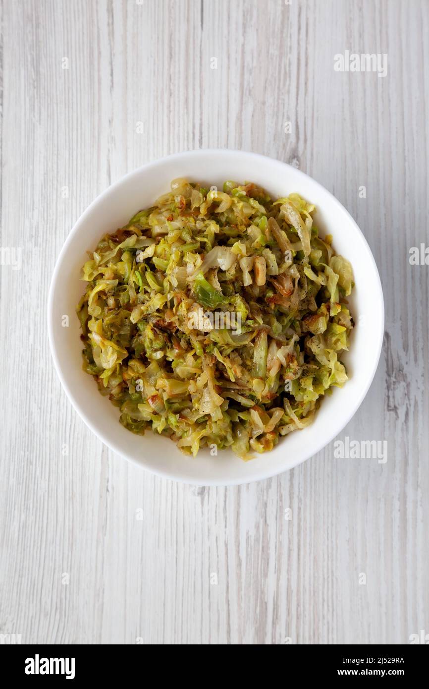 Homemade Irish Sauteed Cabbage in a Bowl, top view. Flat lay, overhead ...
