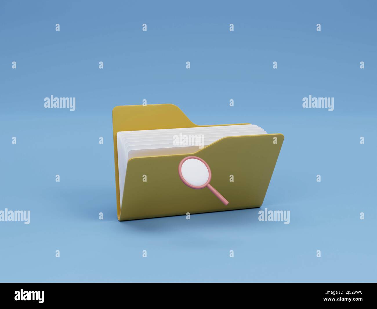Minimal yellow open file folder with papers and magnifying glass as ...