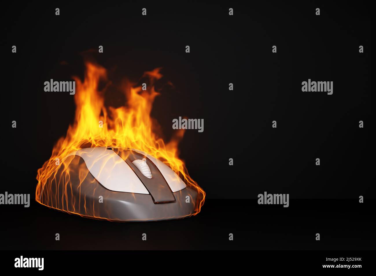 burning computer mouse on a black background copy space. 3d rendering ...