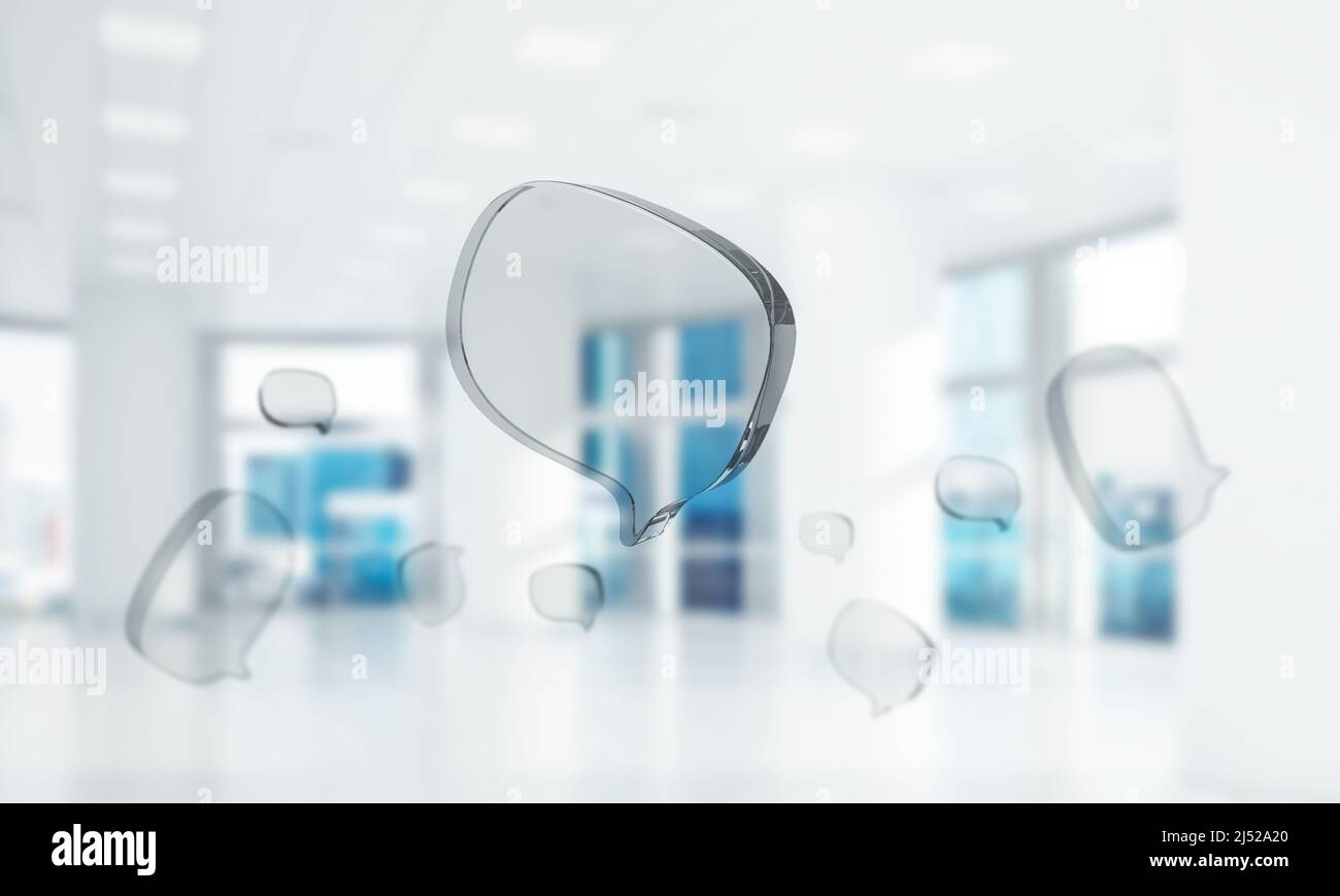 Concept of communication by glass empty chat icon on office background ...