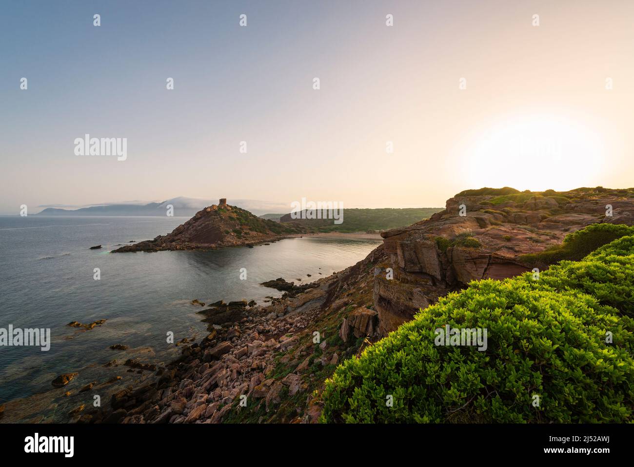 Mediterranean coastal scenery - sunrise at the watchtower and beach of ...