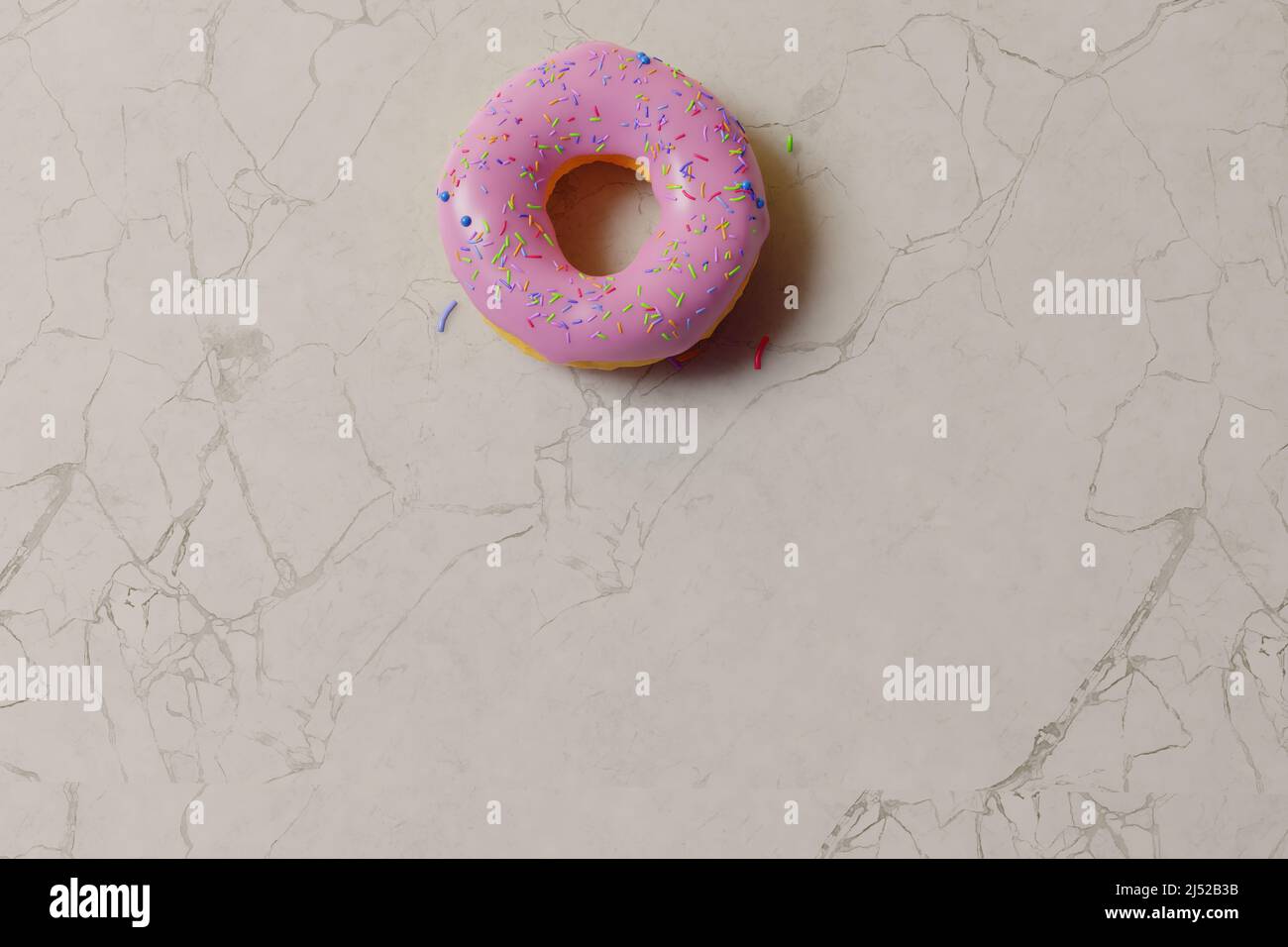 pink icing donut or doughnut on marble table top view. Flat lay 3d ...