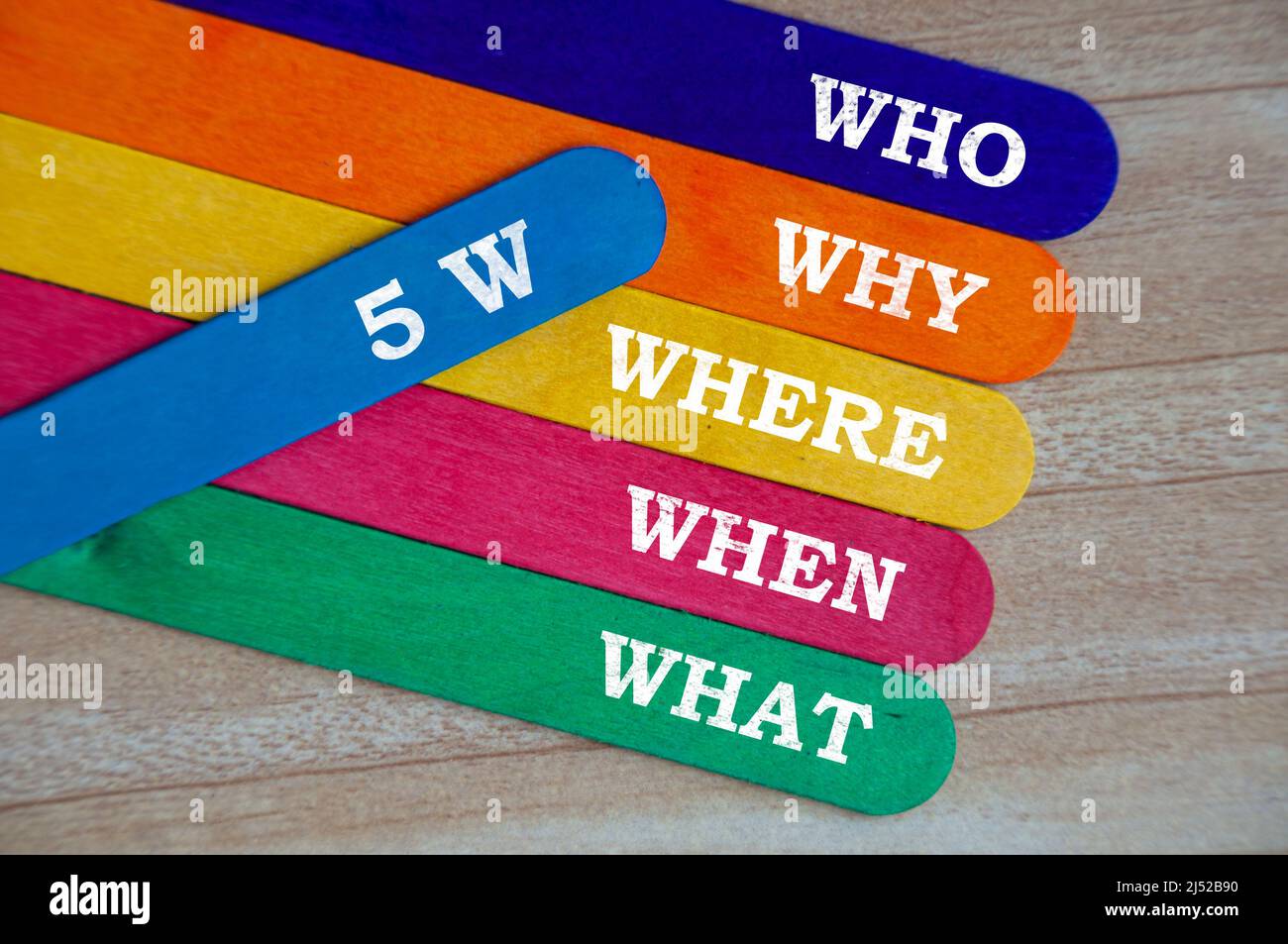 5 W text on wooden sticks - Who, Why, Where, When and What Stock Photo ...