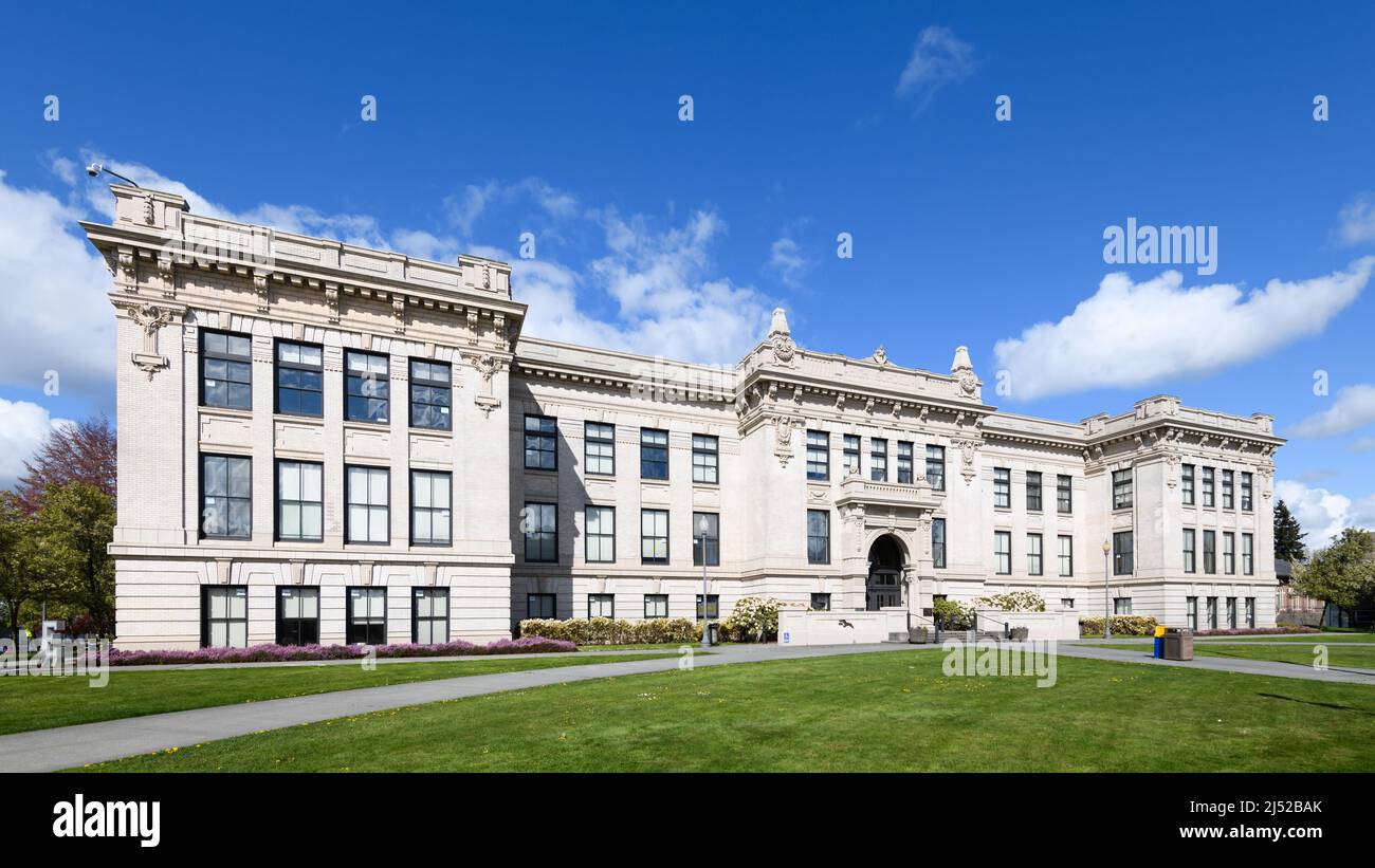 Everett, WA, USA - April 17, 2022; Facade of Everett High School with ...