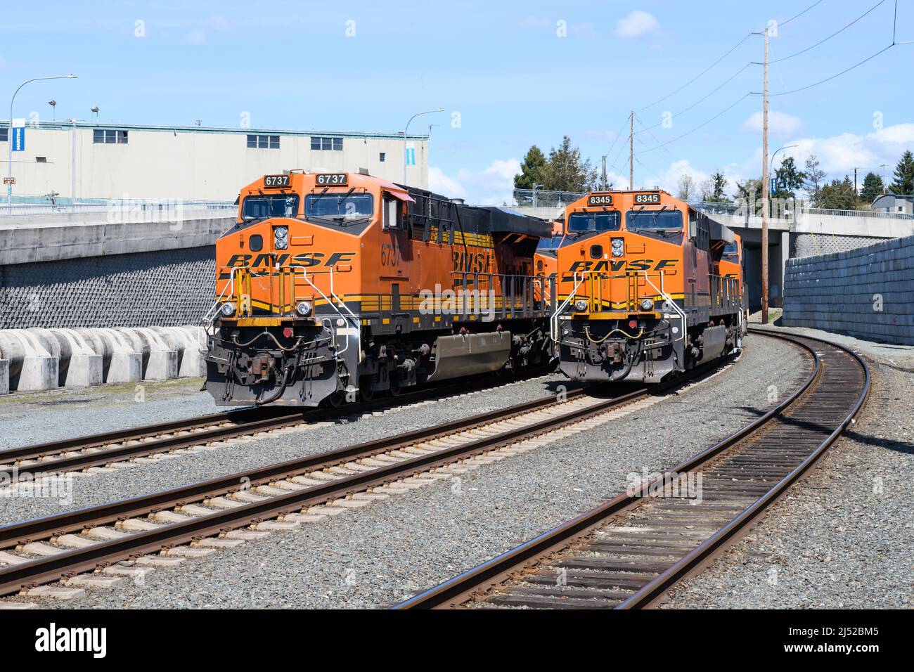 Everett, WA, USA - April 17, 2022; Two BNSF freight trains waiting on a ...