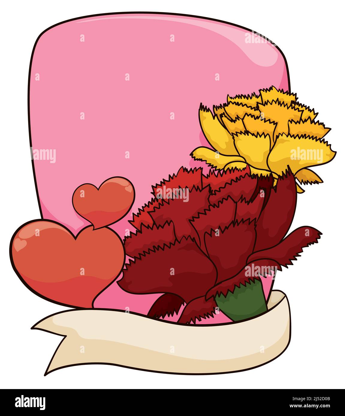 Design in cartoon style with red and yellow carnations, hearts, ribbon ...