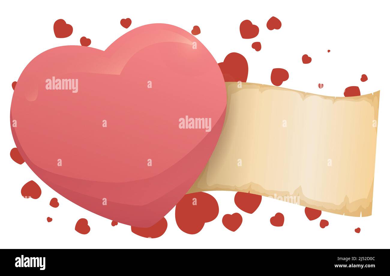 Heart with empty scroll template and tiny hearts around it over white ...