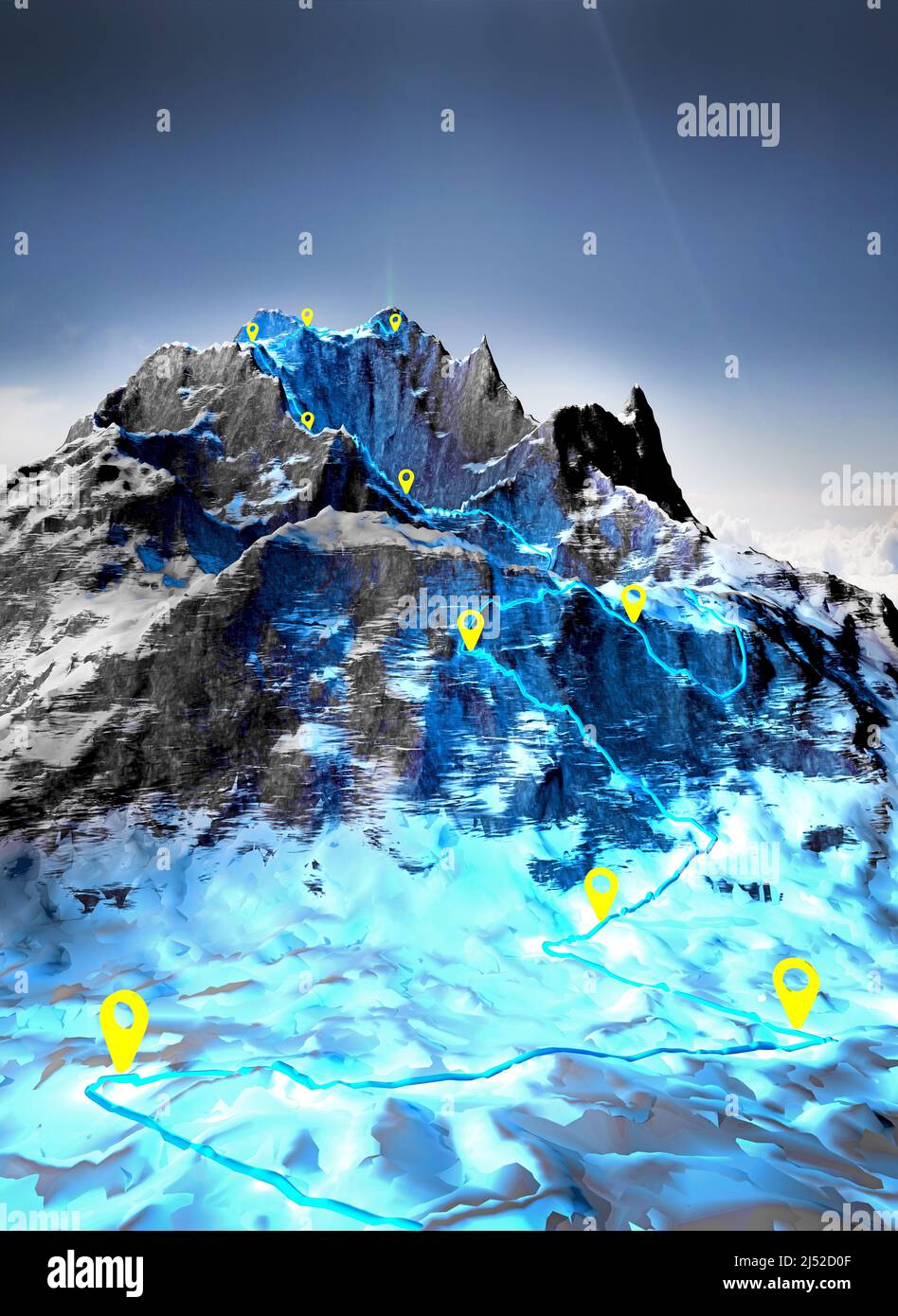 Overview of a winding hiking trail through the mountains with waypoints ...