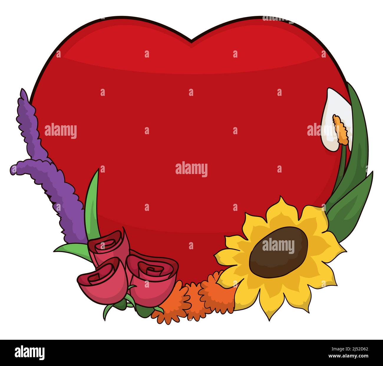 Red heart with beautiful floral decoration over white background ...