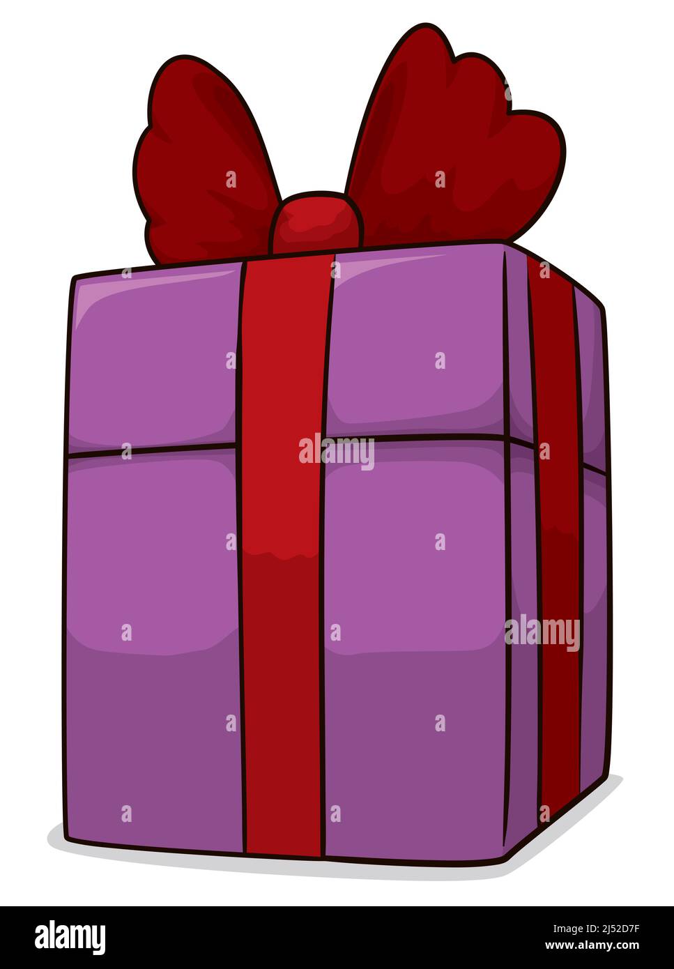 Purple gift box, decorated with red bow tie. Design in cartoon style ...