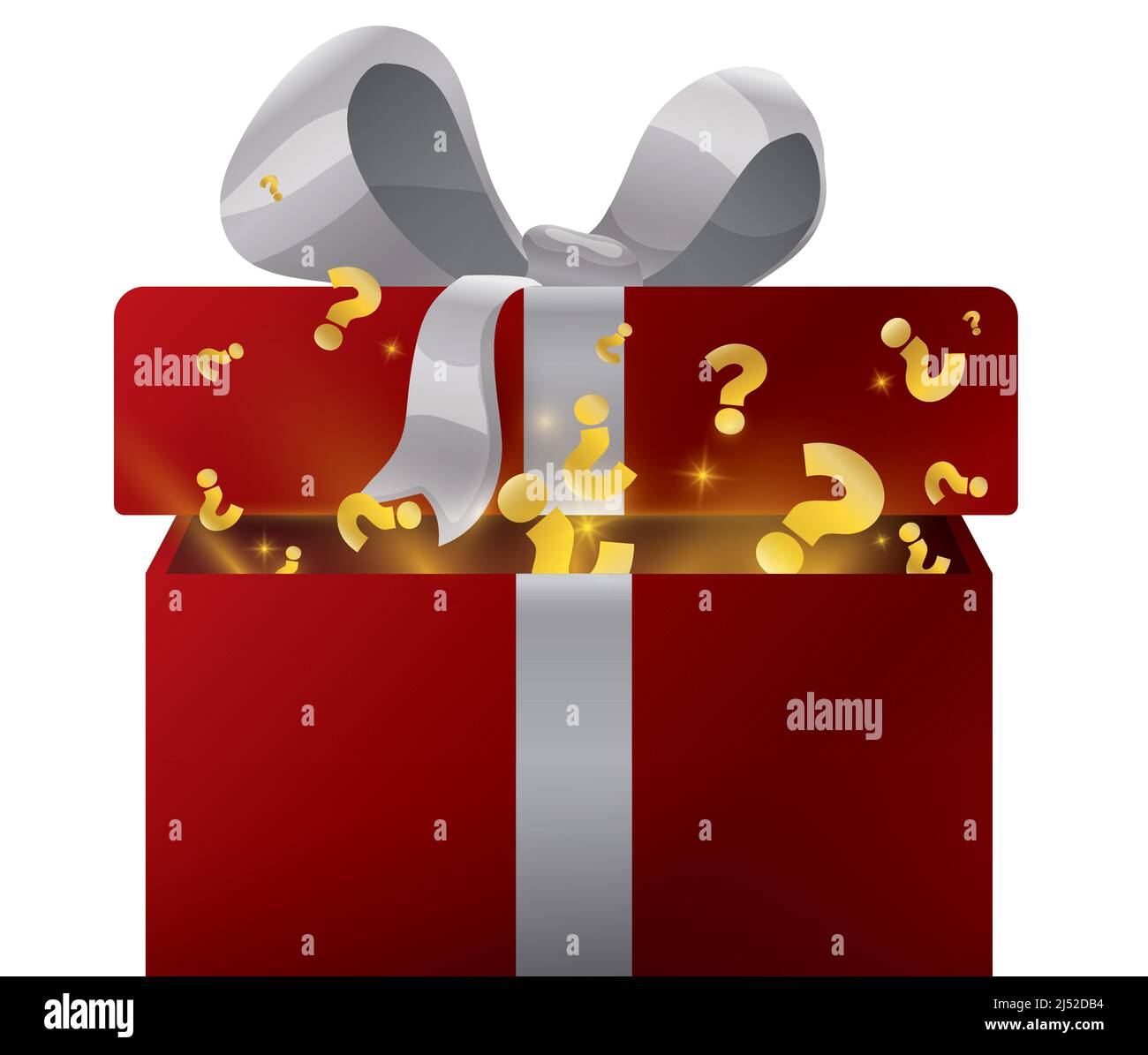 Opened red gift box decorated with silver bow tie with golden question ...