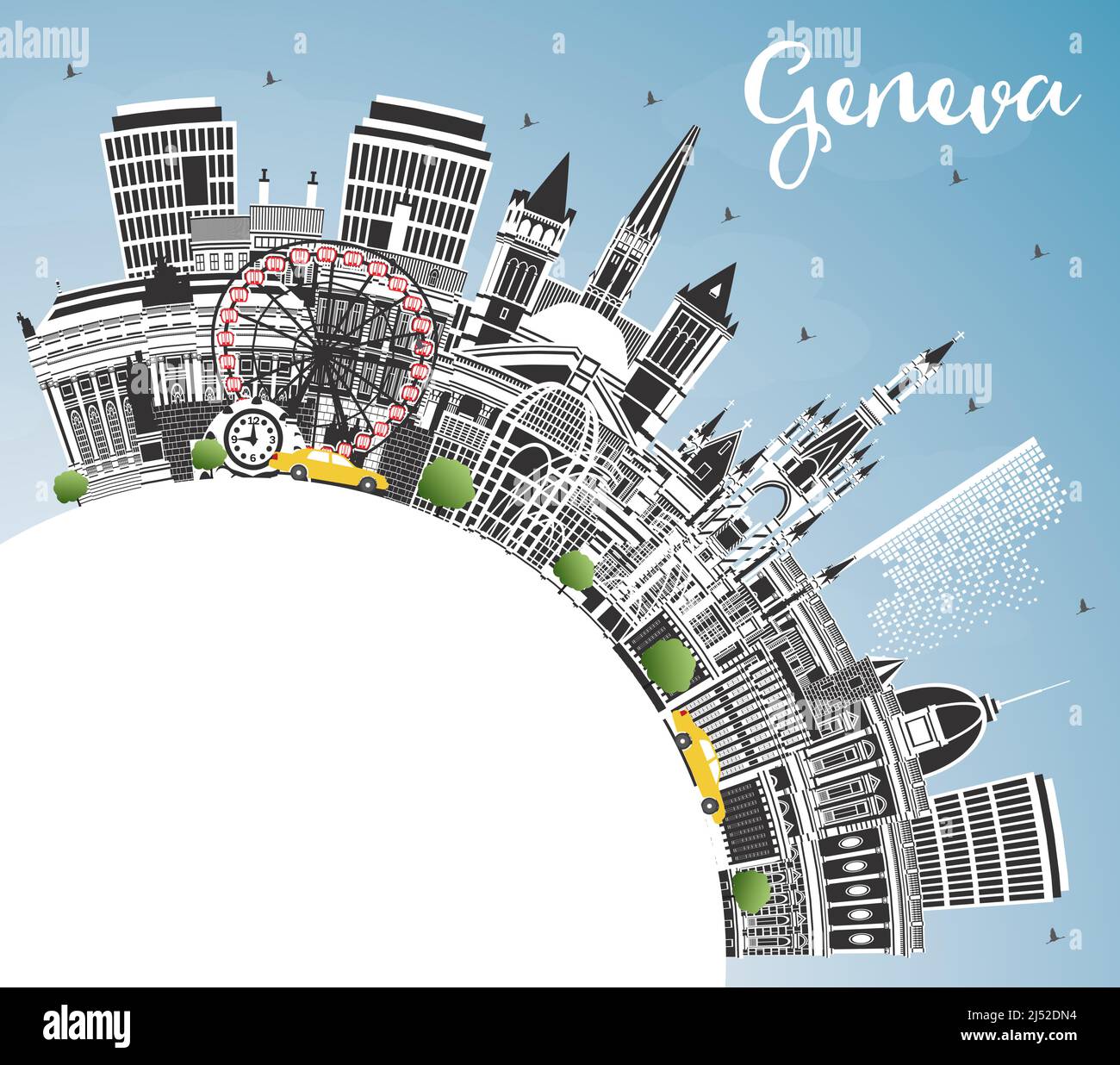 Geneva Switzerland City Skyline with Color Buildings, Blue Sky and Copy ...