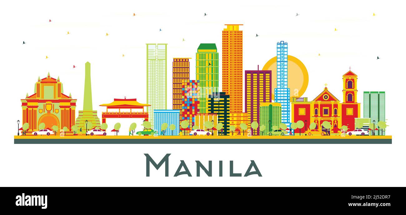 Manila Philippines City Skyline with Color Buildings Isolated on White ...