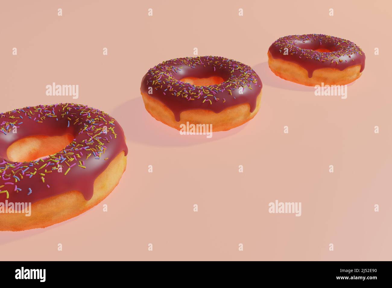 three donut with pink icing and sprinkles, 3D Rendering white ...