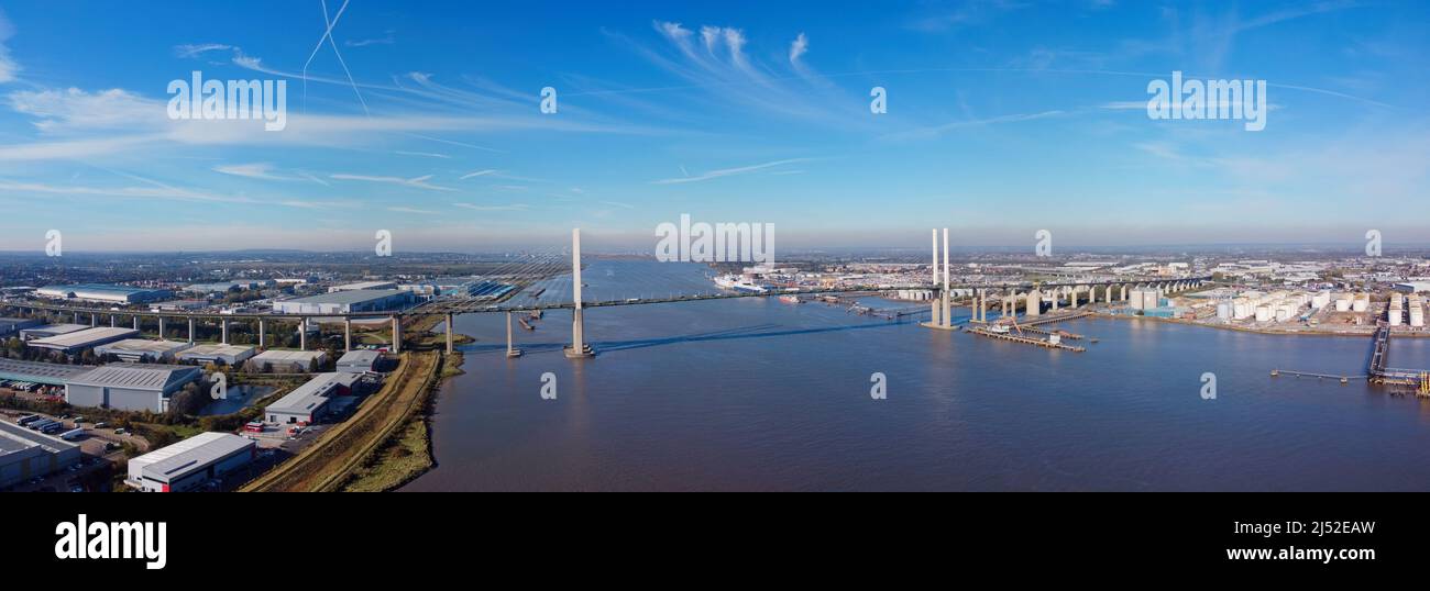 Aerial drone. Queen Elizabeth II suspension bridge. Dartford crossing ...