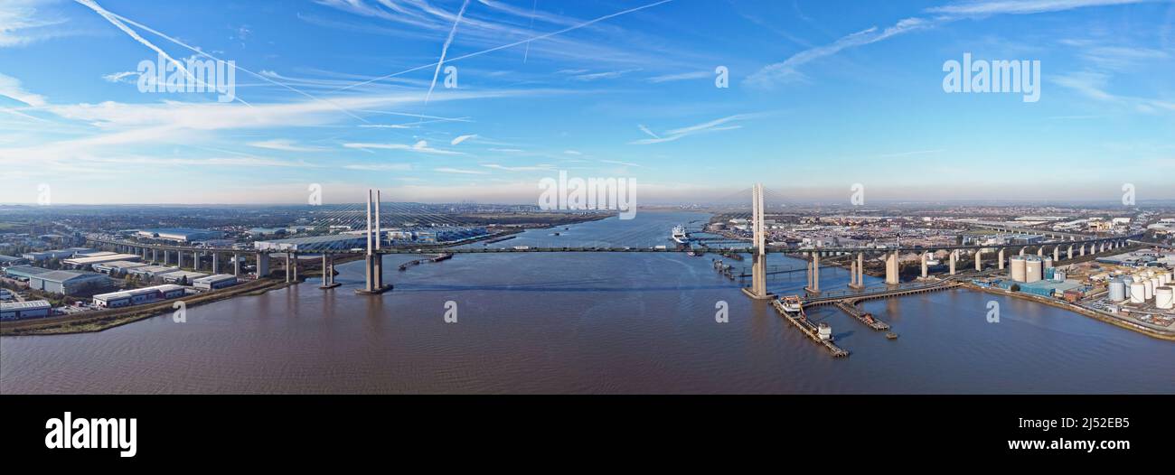 Aerial drone. Queen Elizabeth II suspension bridge. Dartford crossing ...