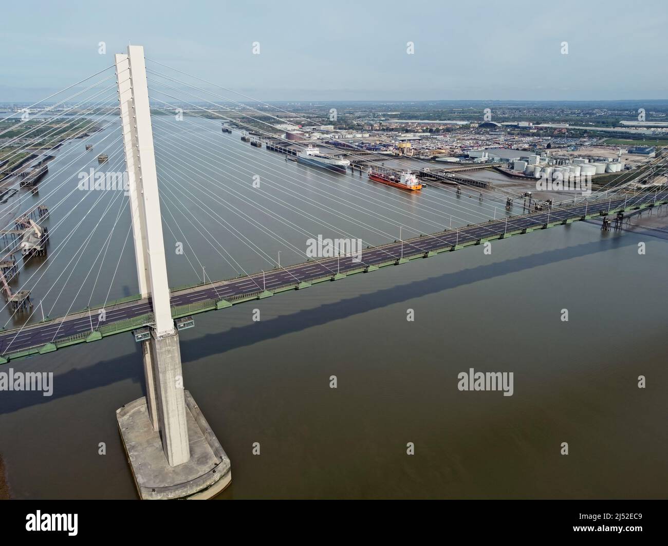 Aerial drone. Queen Elizabeth II suspension bridge. Empty Dartford ...