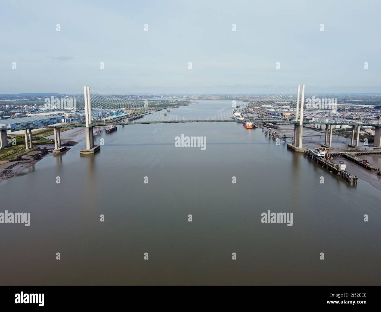 Aerial drone. Queen Elizabeth II suspension bridge. Empty Dartford ...