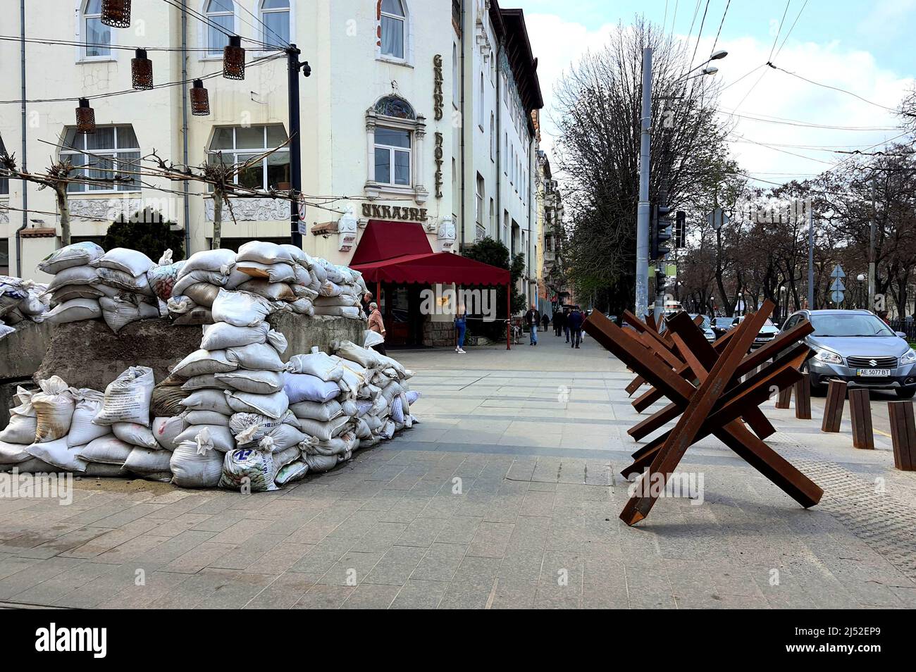 War Russia in Ukraine. Sandbags and anti tank hedgehogs protect against ...