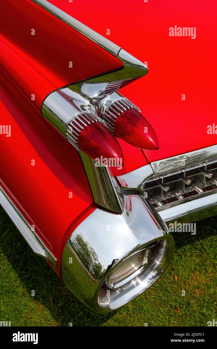Close up of a tail fin on a restored vintage automobile on display at a ...