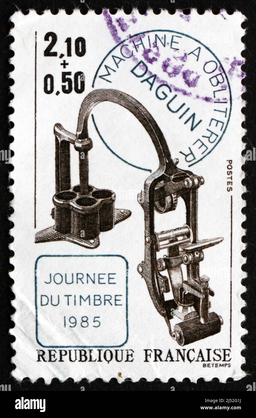 FRANCE - CIRCA 1985: a stamp printed in the France shows Canceling ...