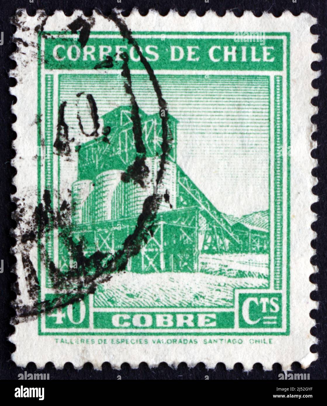 CHILE - CIRCA 1939: a stamp printed in the Chile shows Copper Mine ...
