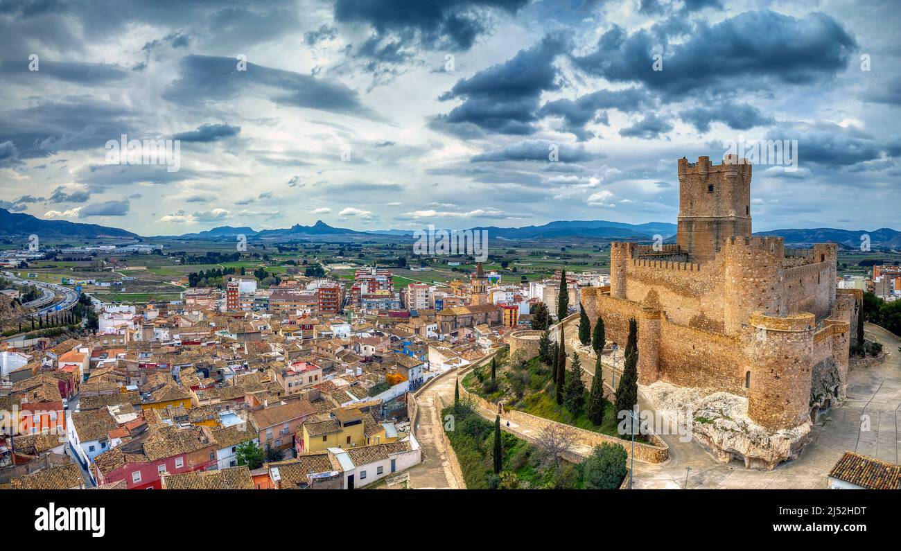 Aerial view of the castle of Villena in the province of Alicante, Spain ...