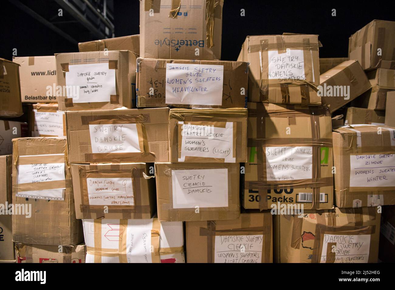 Numerous boxes with donations are seen at the Global Expo refugee ...