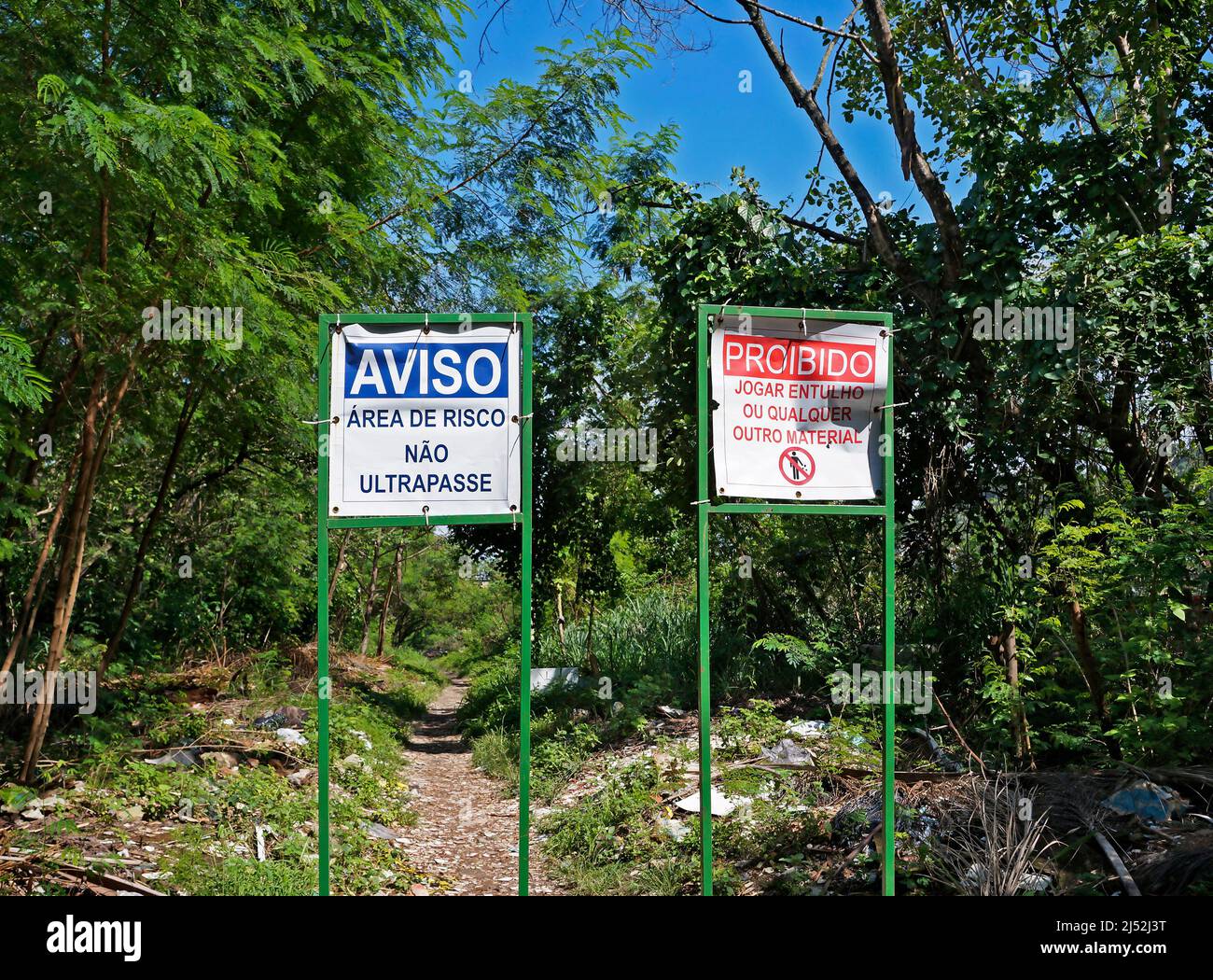 RIO DE JANEIRO, BRAZIL - NOVEMBER 30, 2019: Warning signs in portuguese ...
