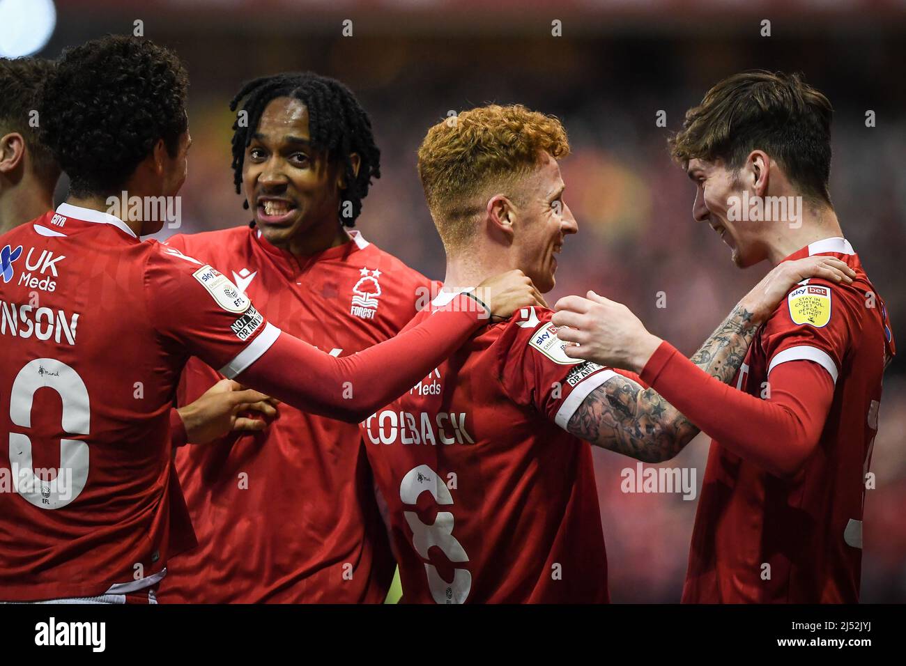 NOTTINGHAM, UK. APR 18TH Brennan Johnson of Nottingham Forest, Djed ...