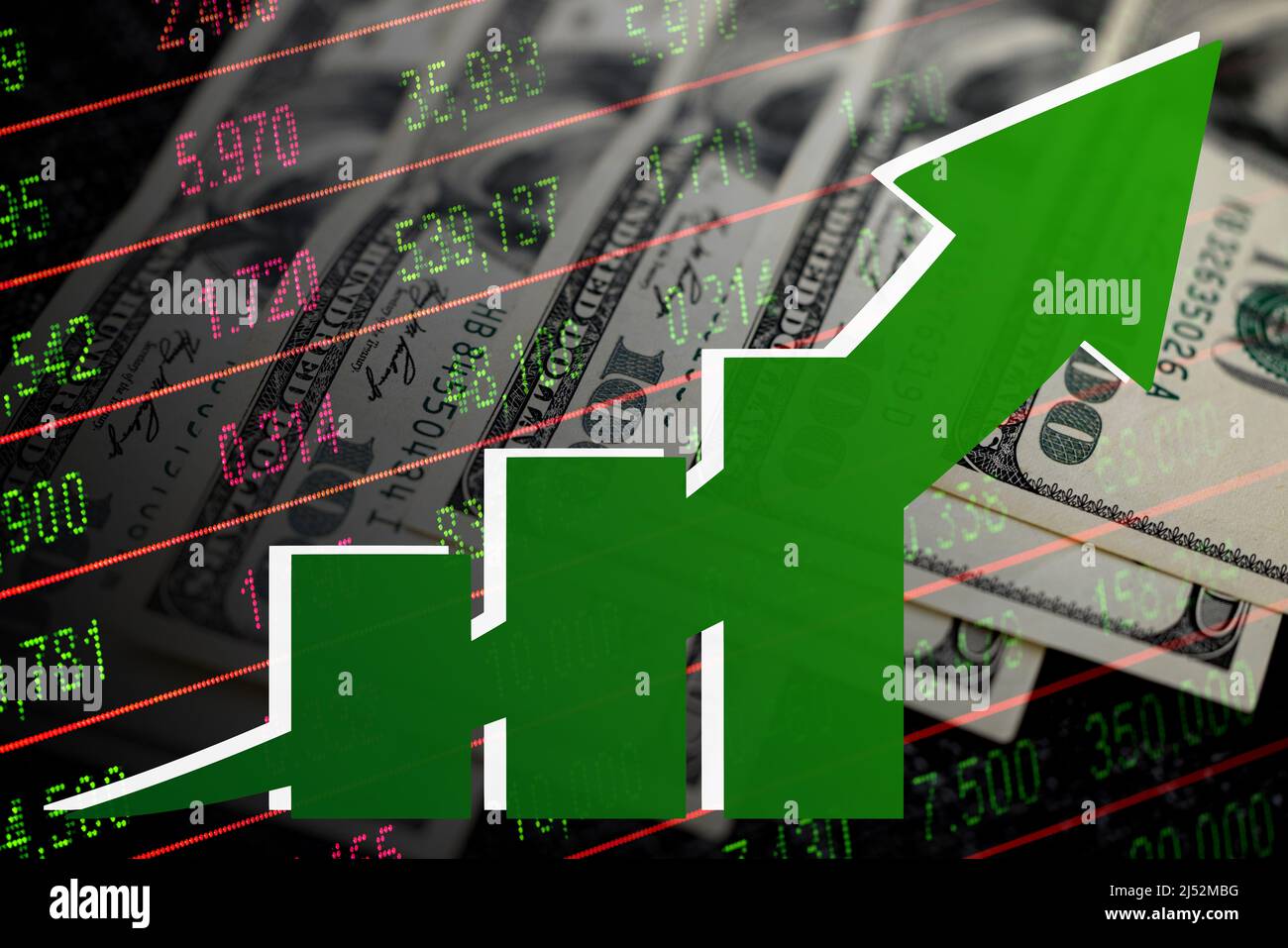 Economy graph: green rising arrow, dollars and stock market indicators ...