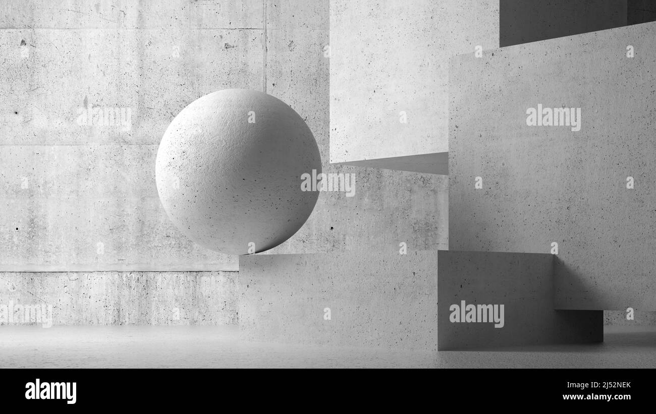Abstract interior background, concrete room with geometric installation ...