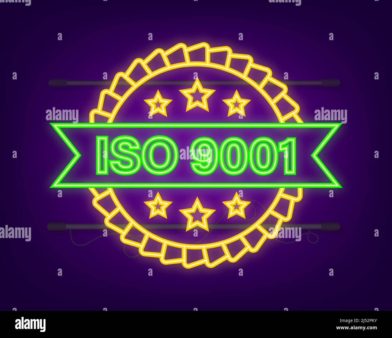ISO 9001 Certified badge, neon icon. Certification stamp. Vector stock illustration Stock Vector ...