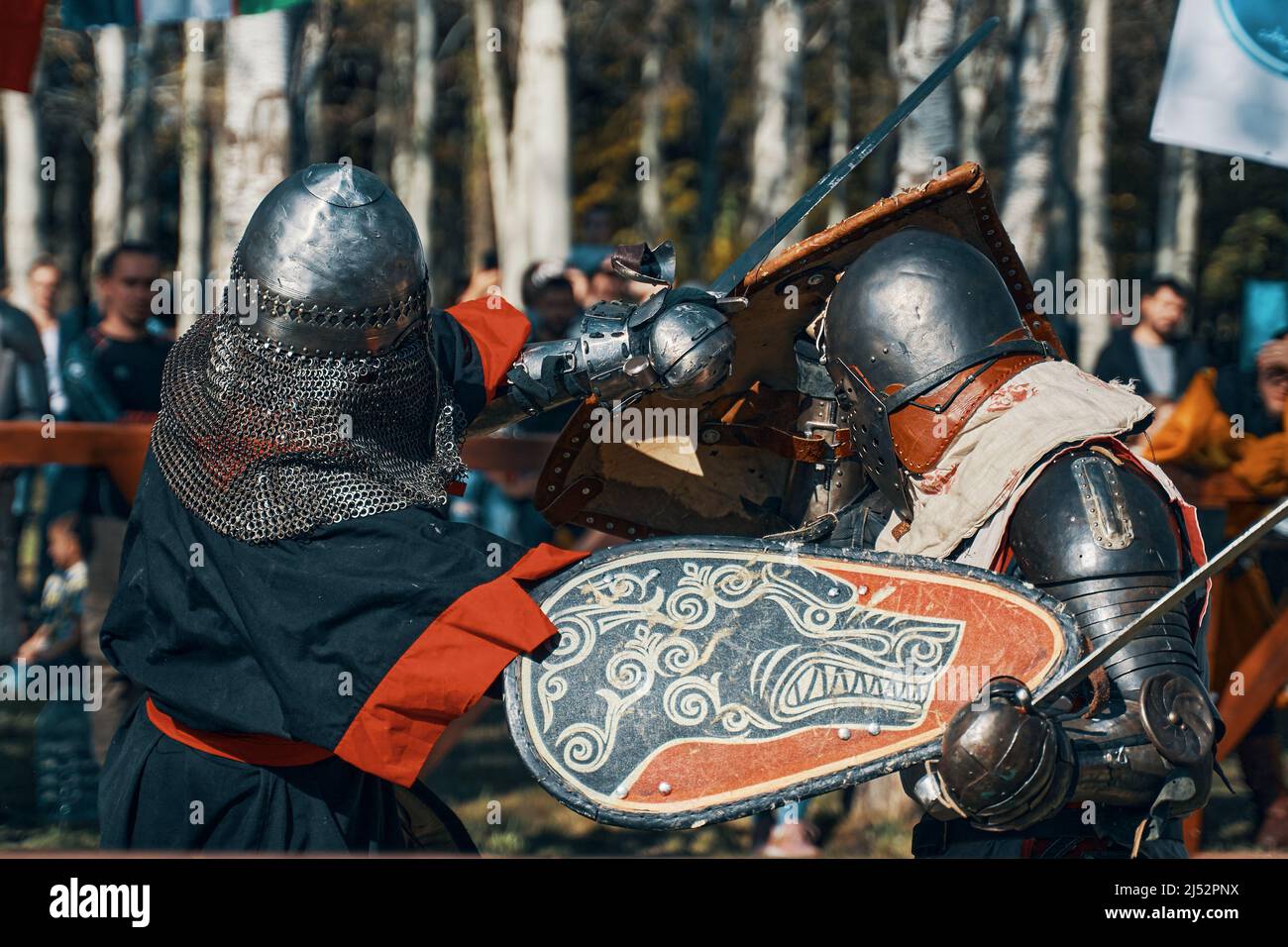 Knight in grey against a knight with a wolf on his shield Stock Photo ...