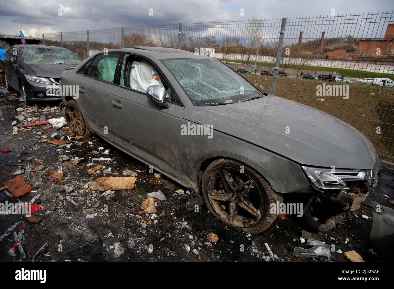 LVIV, UKRAINE - APRIL 18, 2022 - Cars show damage as an automobile ...