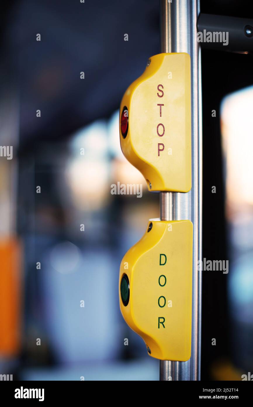Stop button in public transport. Stop button in city bus, public ...