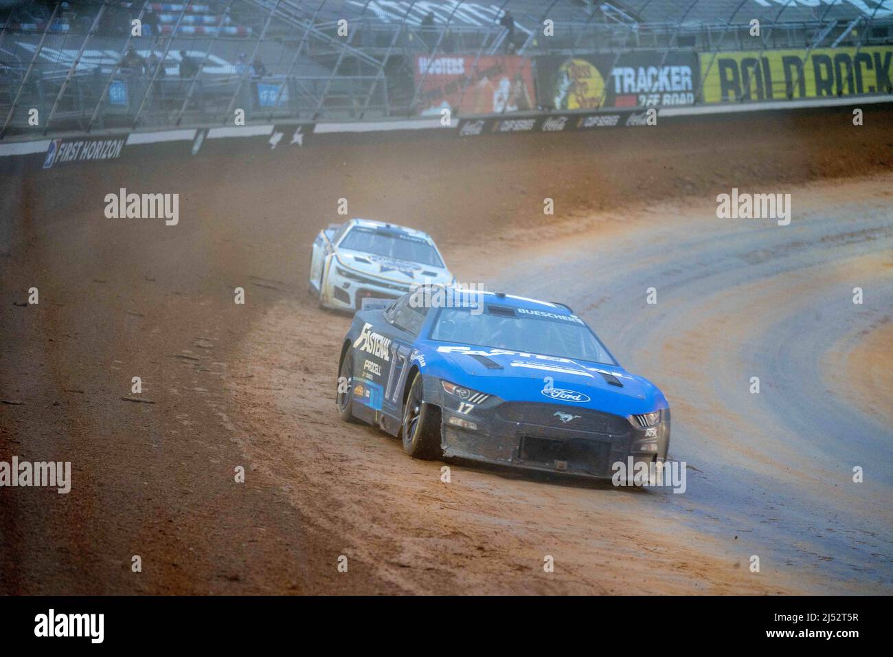 Bristol, TN, USA. 17th Apr, 2022. Chris Buescher races for position for the Food City Dirt Race ...