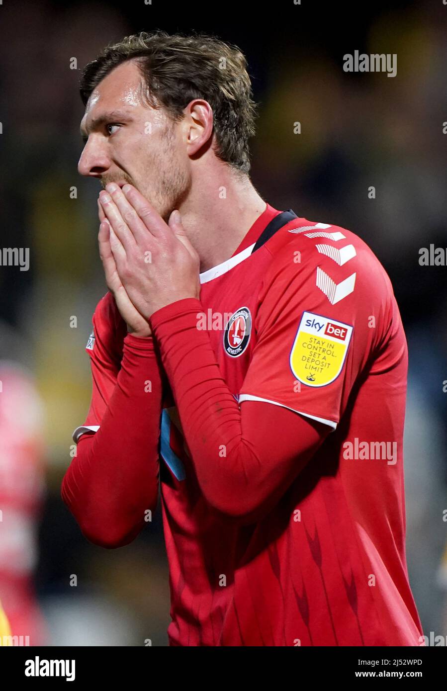 Charlton Athletic's Alex Gilbey reacts after a near miss during the Sky ...