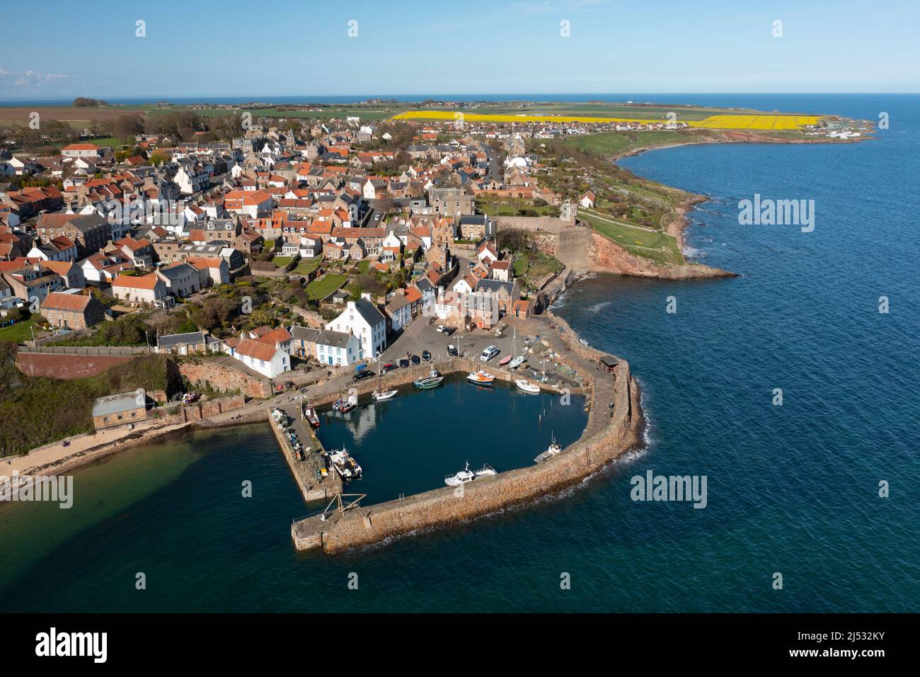 Aerial view from drone of Crail fishing village in East Neuk of Fife ...