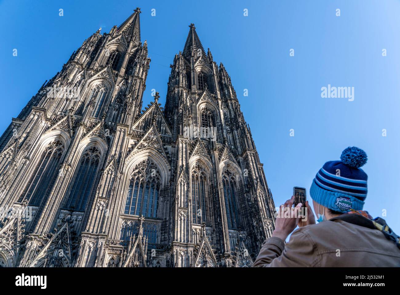 Cologne Cathedral, view of the west facade, at the north tower, tourist ...