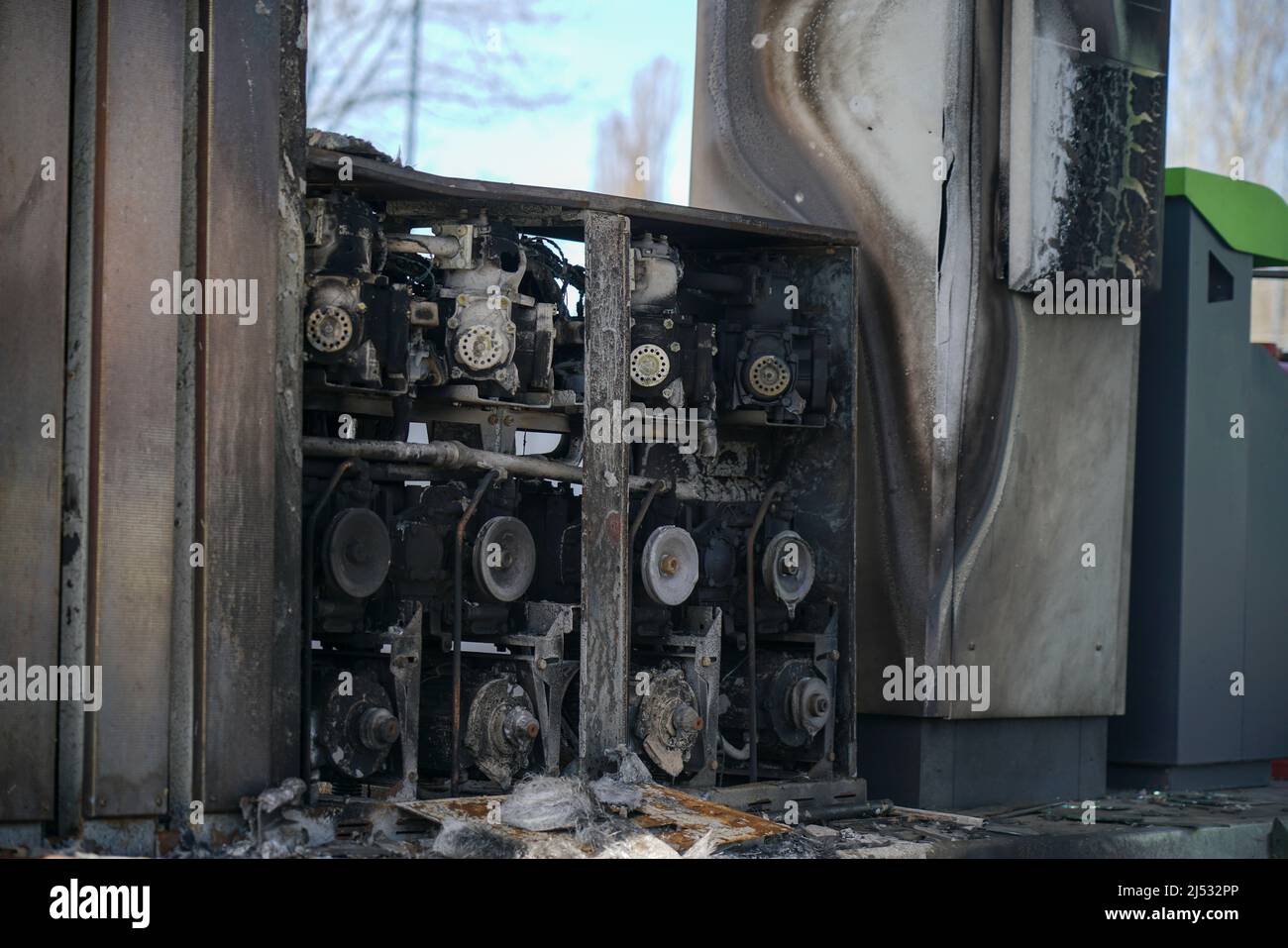 Gas station with a broken station from a shell explosion. Exploded gas ...