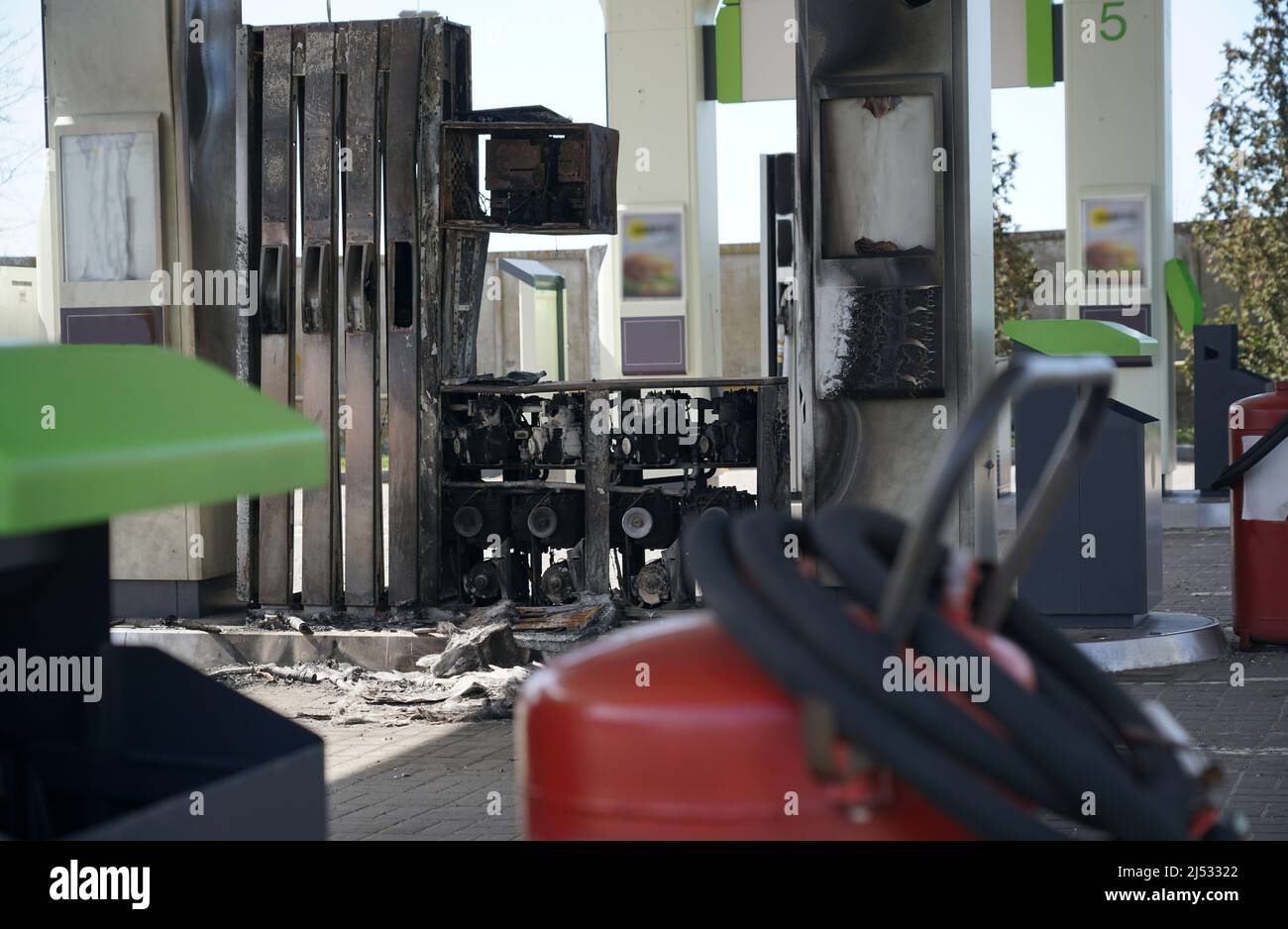 Gas station with a broken station from a shell explosion. Exploded gas ...
