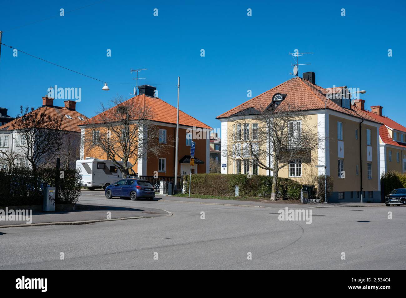 Residential street Upplandsgatan during spring in the Marielund ...