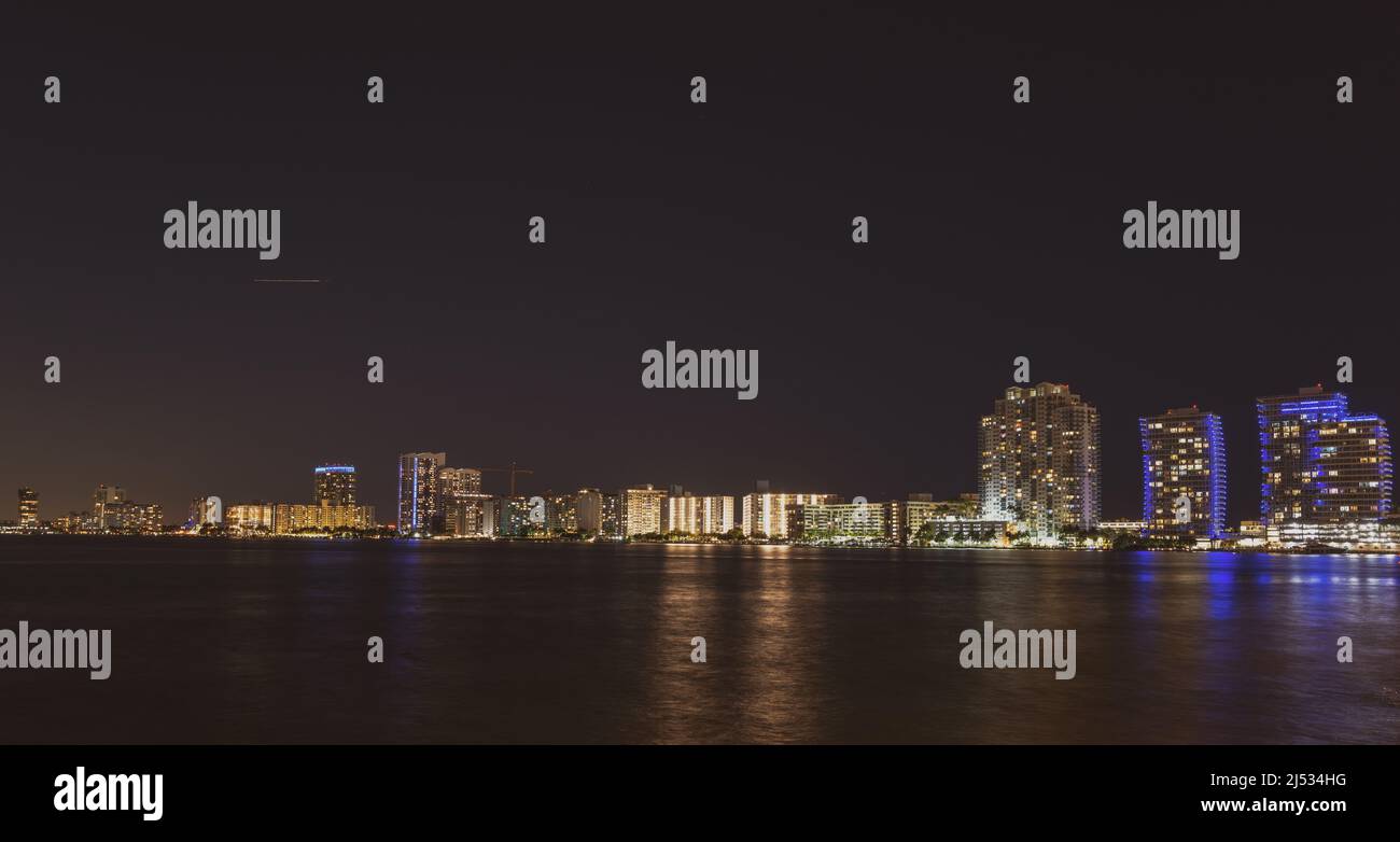 Miami night city. USA downtown skyscrappers landscape, twighlight town ...
