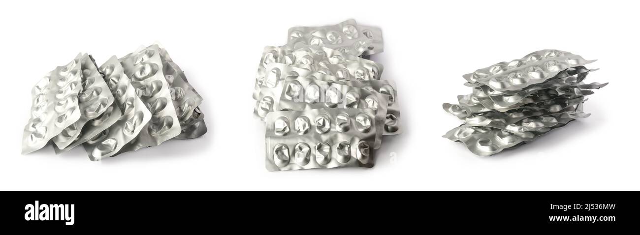 used empty pill blister packs, silver medicine packets, taken in ...